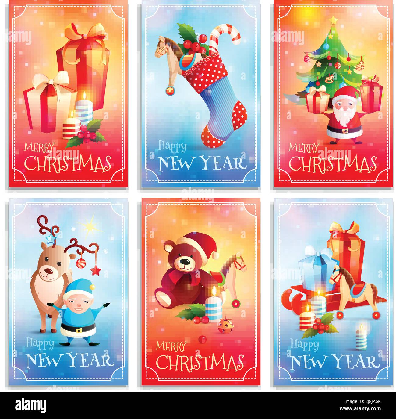 New year cartoon cards with greetings, gifts, santa, animals, festive ...