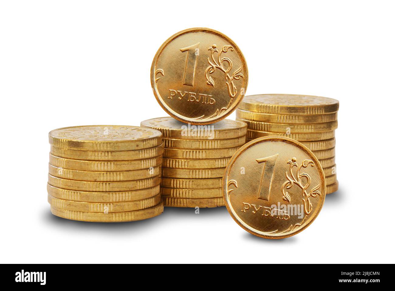 Stacks of one rouble golden coins isolated on white background Stock ...