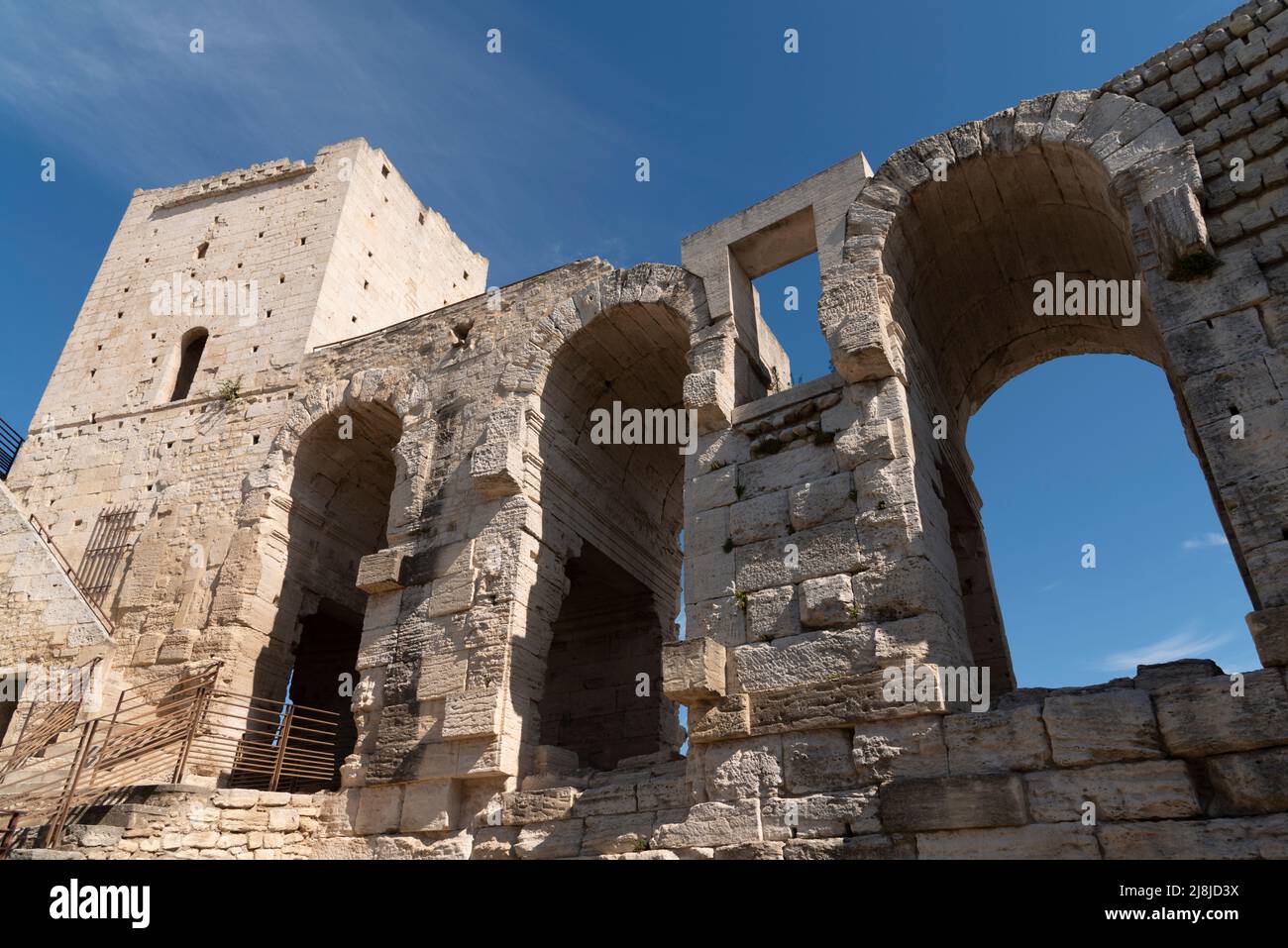 Arles Amphitheatre (built in 90 AD). The towers on the top are medieval ...