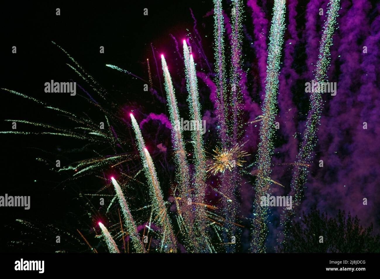 Flying up, a bright salute of white color, with a pink haze, against ...