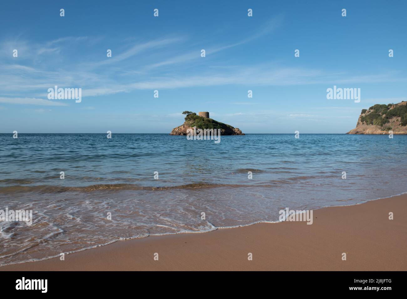 Portelet Bay at high tide, Tower, Janvrin's Tomb, Jersey, Channel ...