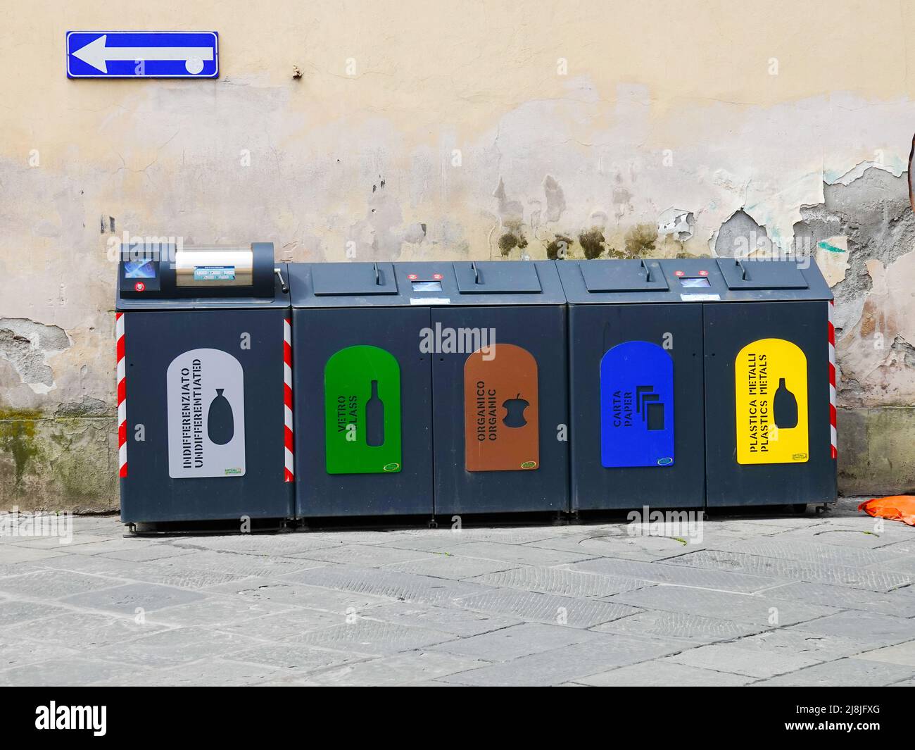 Municipal waste bins in garbage collection system, Lucca, Italy Stock ...