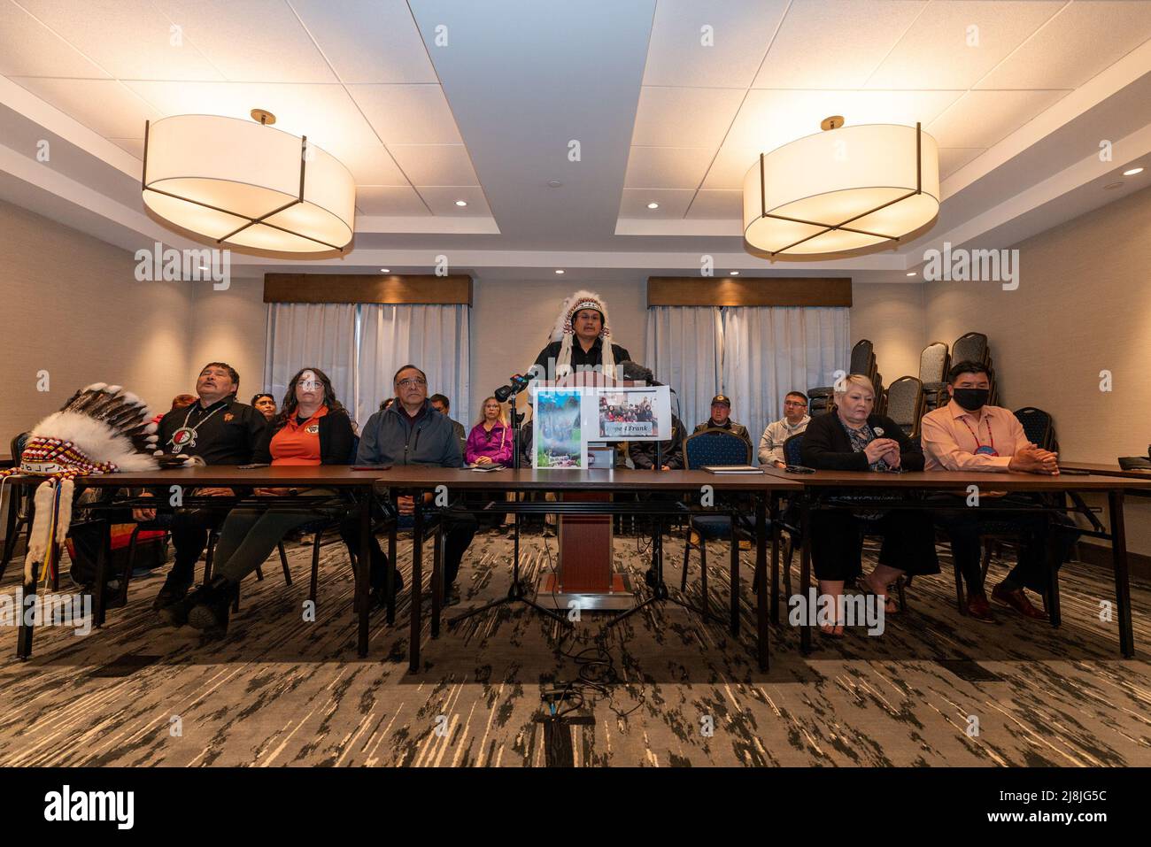 Red Earth Cree Nation Chief Fabian Head, middle, speaks during a press ...
