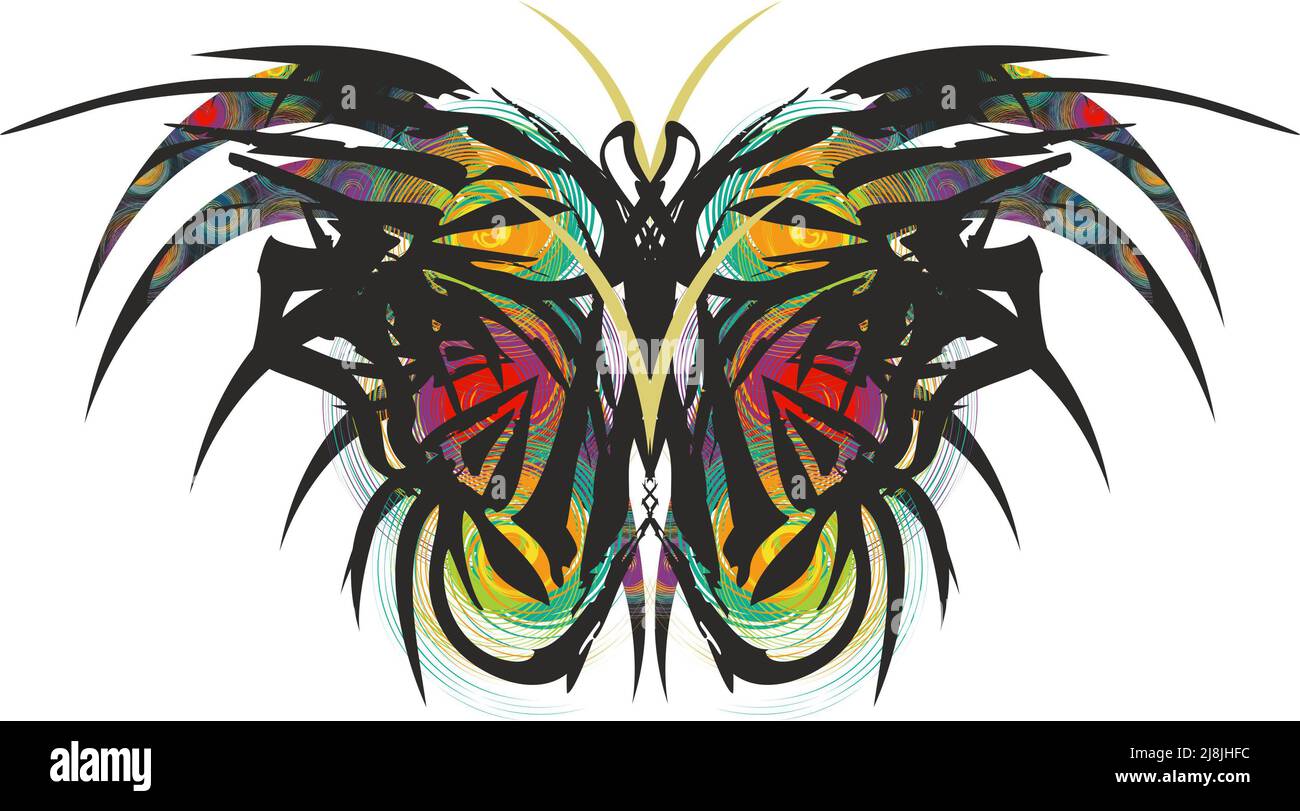 Dangerous colorful butterfly wings with floral and spiral elements on ...