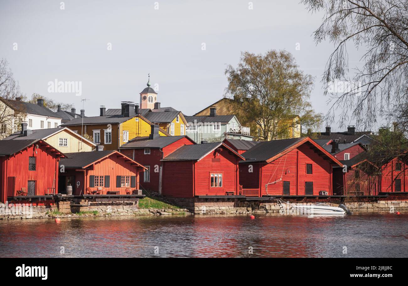 Old town of Porvoo, Finland. Coastal view with old fashioned red wooden ...