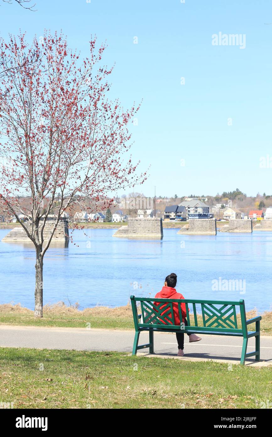 Girl sitting alone on bench hi-res stock photography and images - Alamy
