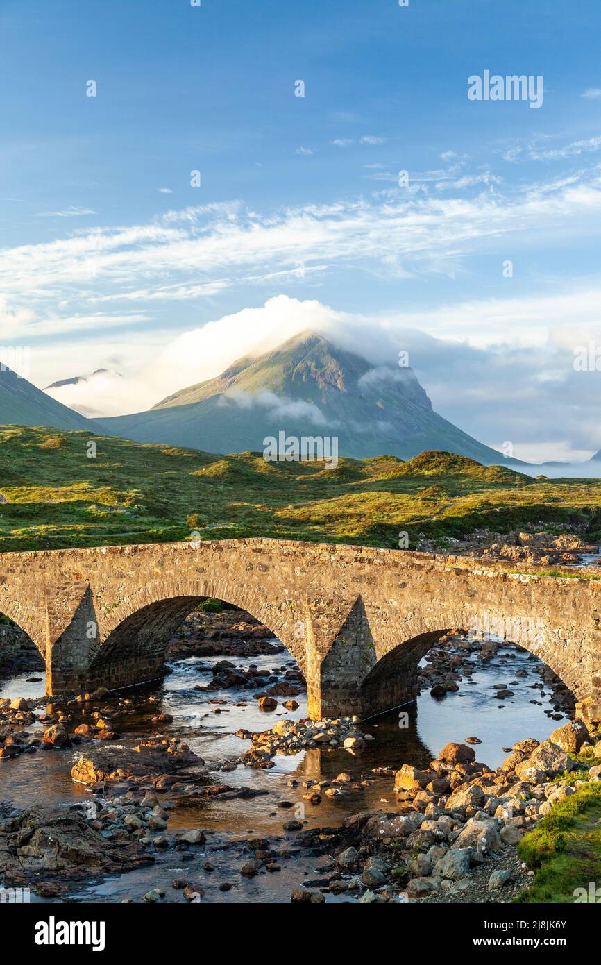 The famous Sligachan Old Bridge looking towards the Cuillin mountain ...