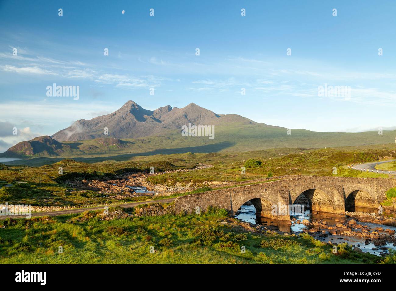 The famous Sligachan Old Bridge looking towards the Cuillin mountain ...