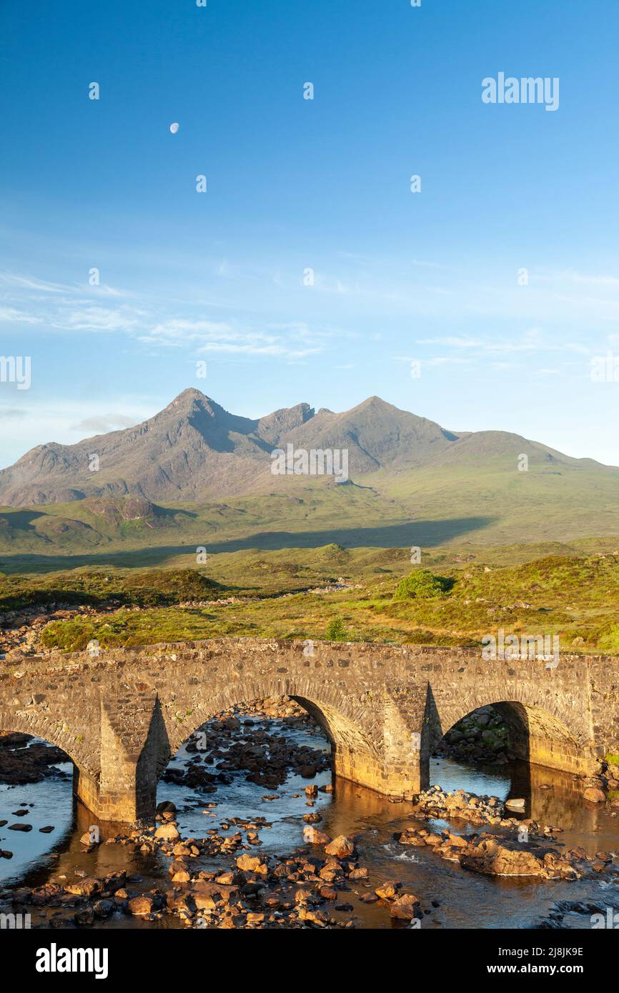 The famous Sligachan Old Bridge looking towards the Cuillin mountain ...