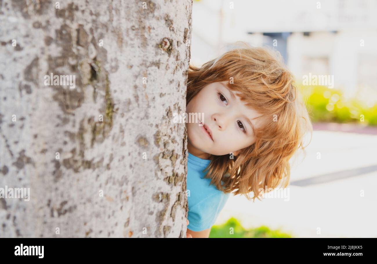 Little kid hide by tree. Hide and seek. Peekaboo Stock Photo - Alamy