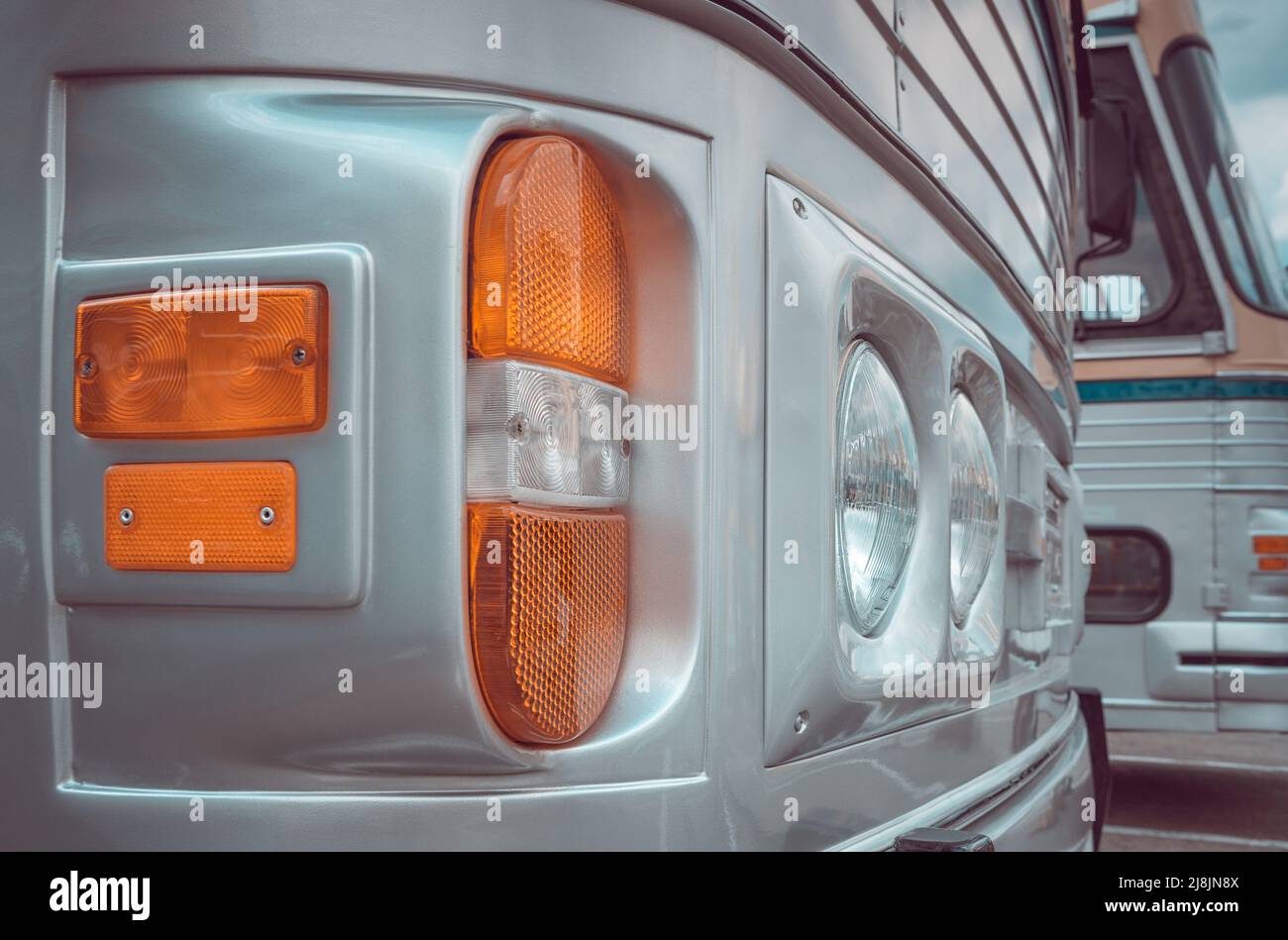 Detail of the front part of a classic bus made in Brazil with a focus ...
