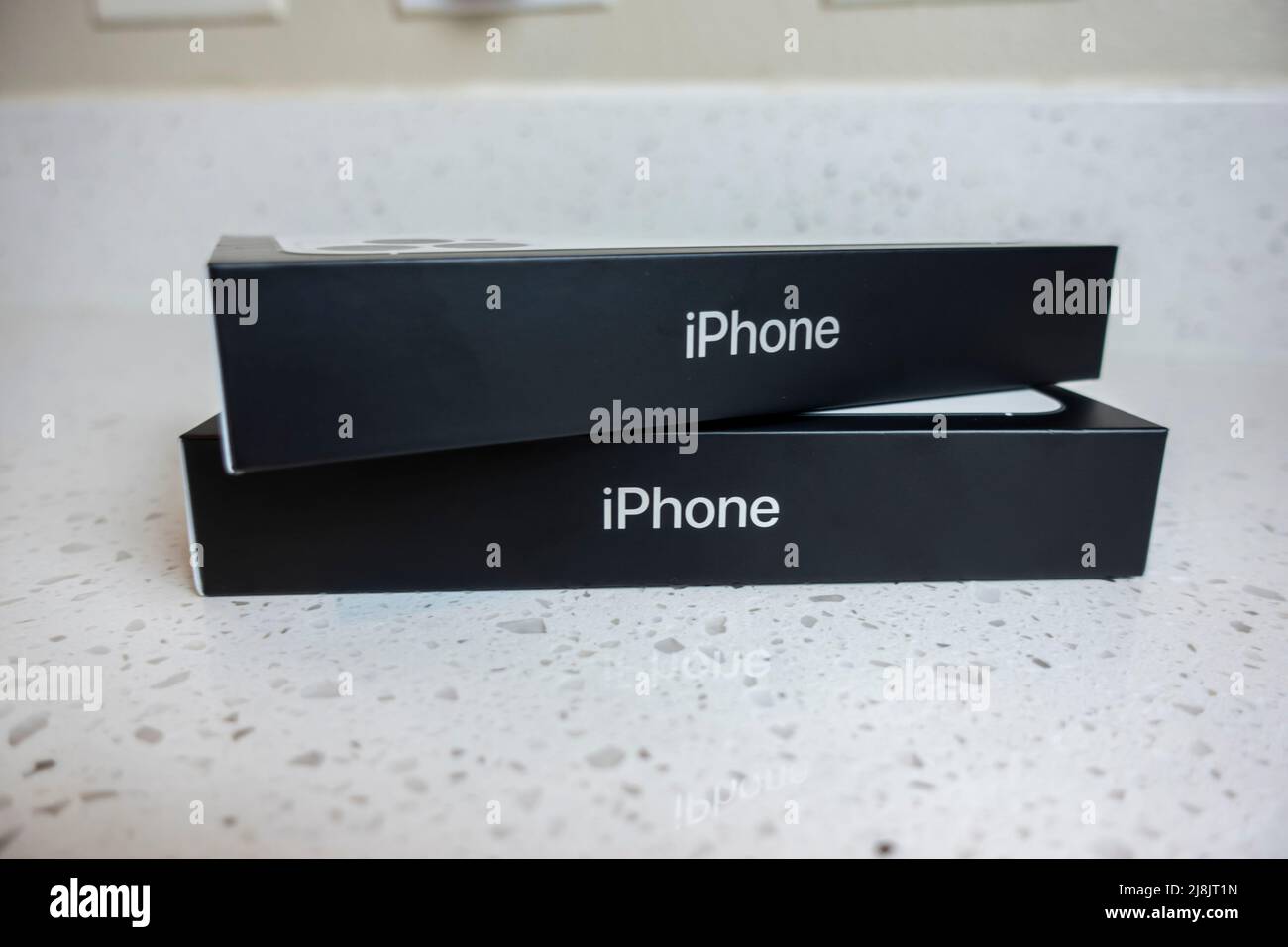 Seattle, WA USA - circa May 2022: View of two iPhone 13 Pro boxes on a ...
