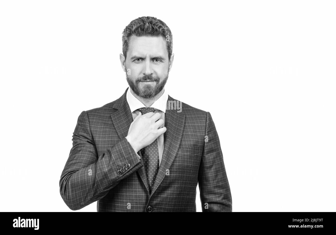 Middle-aged manager fix necktie wearing elegant blue suit in formal ...