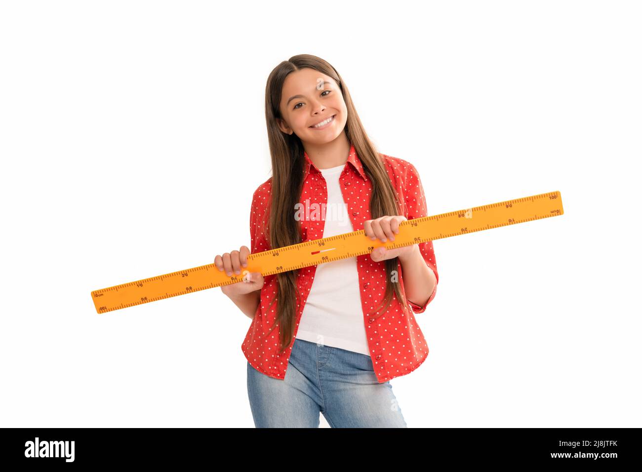 happy kid hold ruler study geometry at school isolated on white, school ...