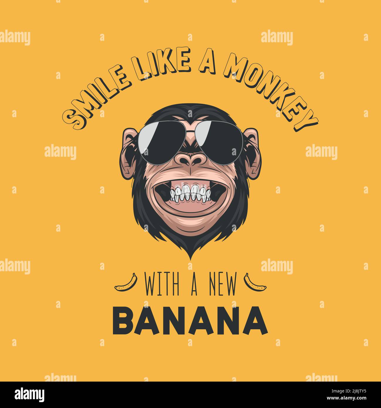 Smiling Chimpanzee Face Smile Like A Monkey With A New Banana. Vector