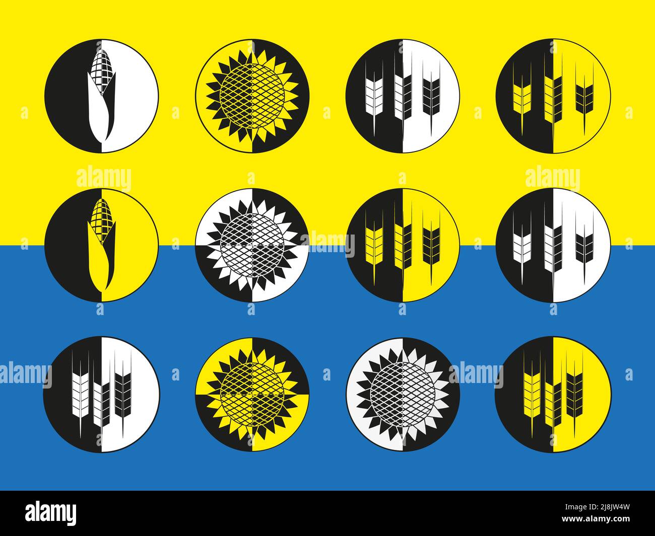 Wheat, corn and sunflower icons set. Illustration. Icons on the yellow ...