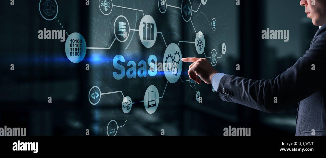 SaaS Software as a Service concept with man hand pressing text Stock Photo - Alamy