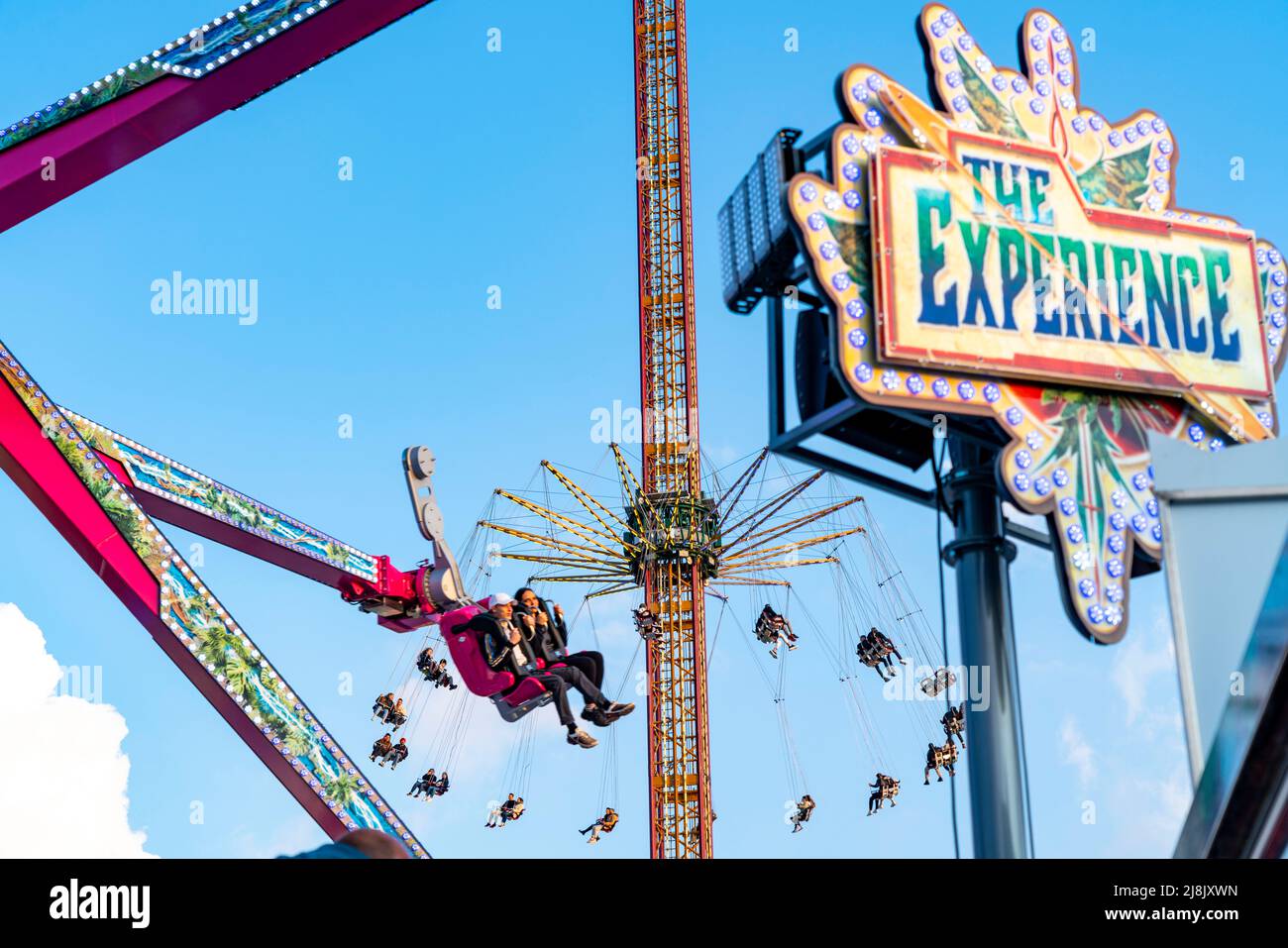 Rides, stalls, at the funfair, fair, spring fair, Easter fair, at the ...