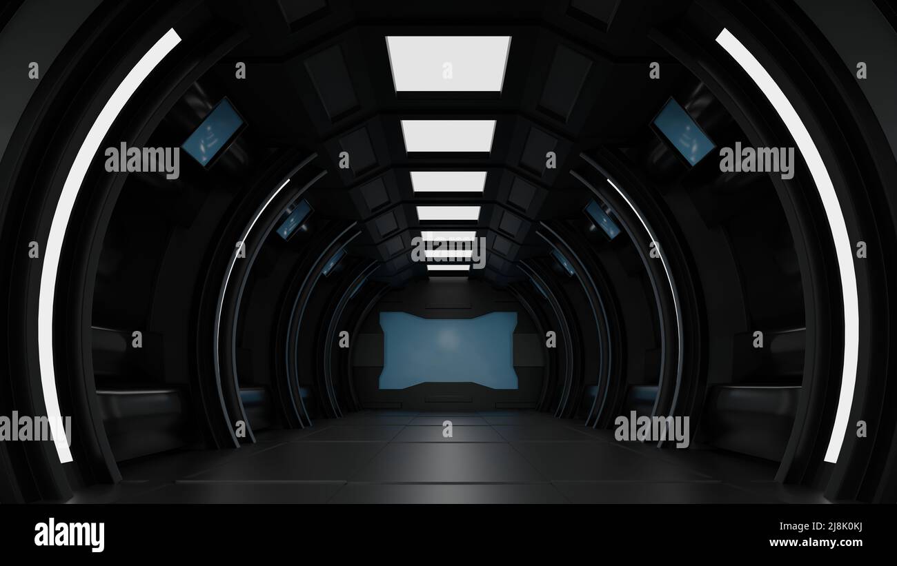 Inside spaceship or space station interior, Sci-Fi tunnel, corridor ...
