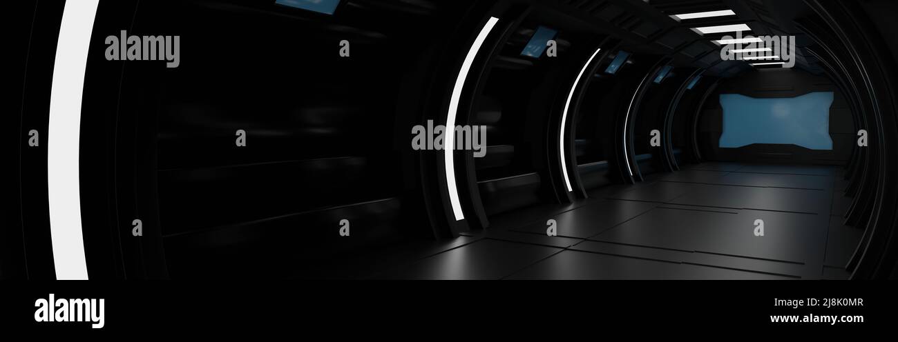 Inside spaceship or space station interior, Sci-Fi tunnel, corridor ...