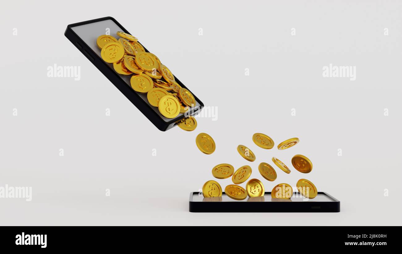 Mobile banking concept, coin moving from smartphone to other cellphone ...