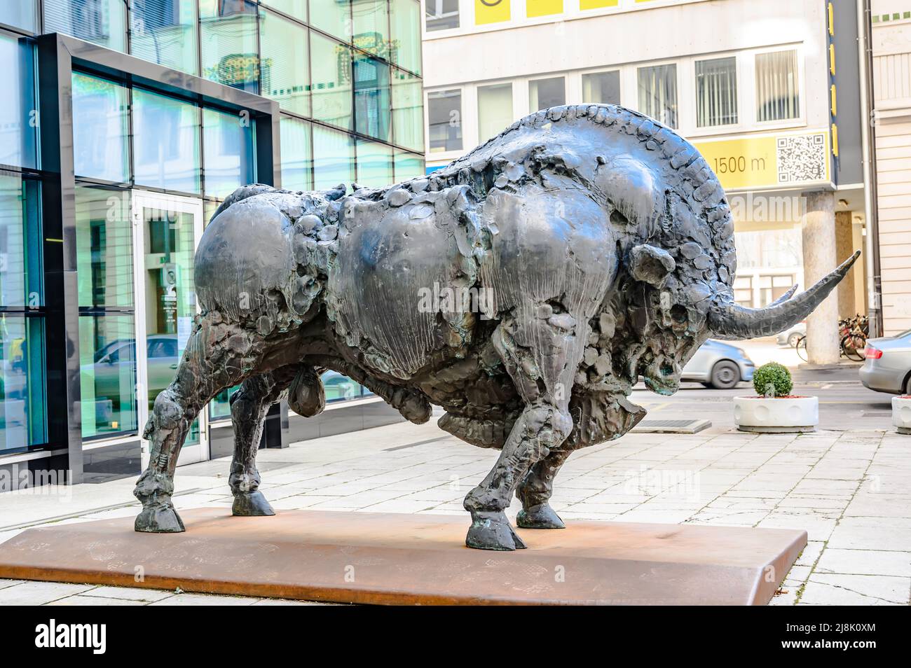LJUBLJANA, SLOVENIA - FEBRUARY 15, 2022: A large bronze bull sculpture ...