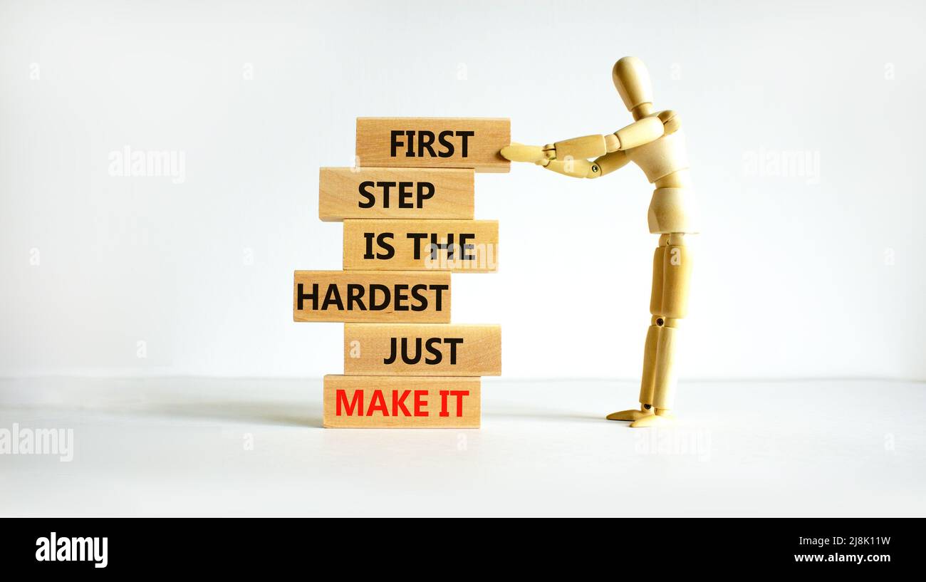 Make first step symbol. Wooden blocks with words First step is the ...