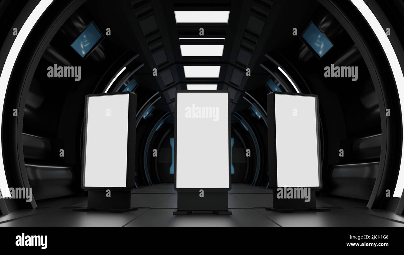Blank mock up vertical billboard or LCD screen floor stand in spaceship ...