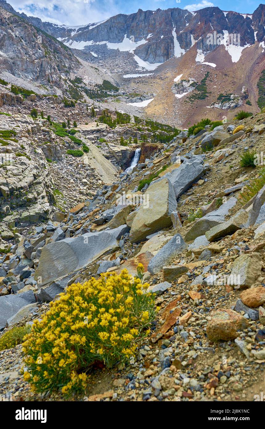Landscape at the Tioga Pass with waterfall and remains of snow in ...