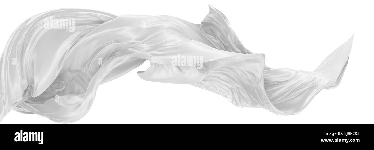 Beautiful flowing cloth flying in the wind. White wavy silk or satin ...