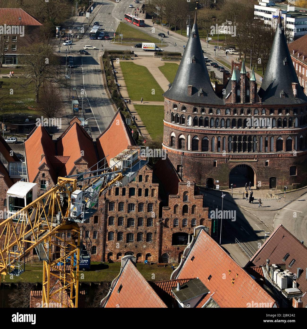 Holstentor with erection crane from above, building site at the UNESCO ...