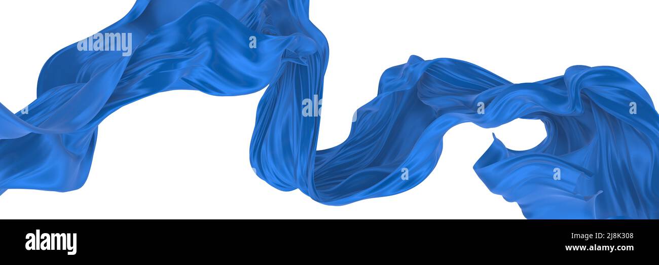 Beautiful flowing fabric flying in the wind. Blue wavy silk or satin ...