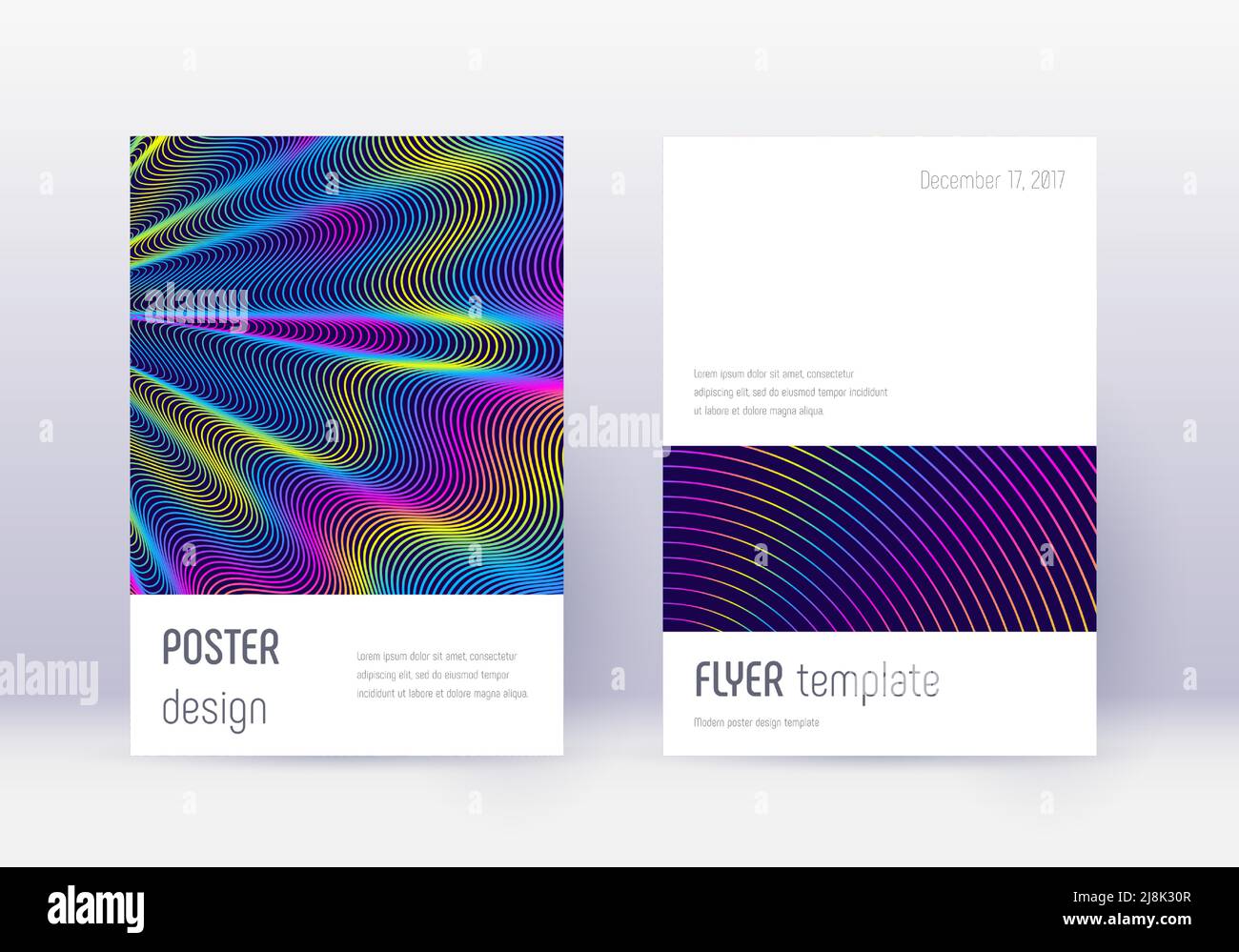 Minimalistic cover design template set. Rainbow abstract lines on dark ...