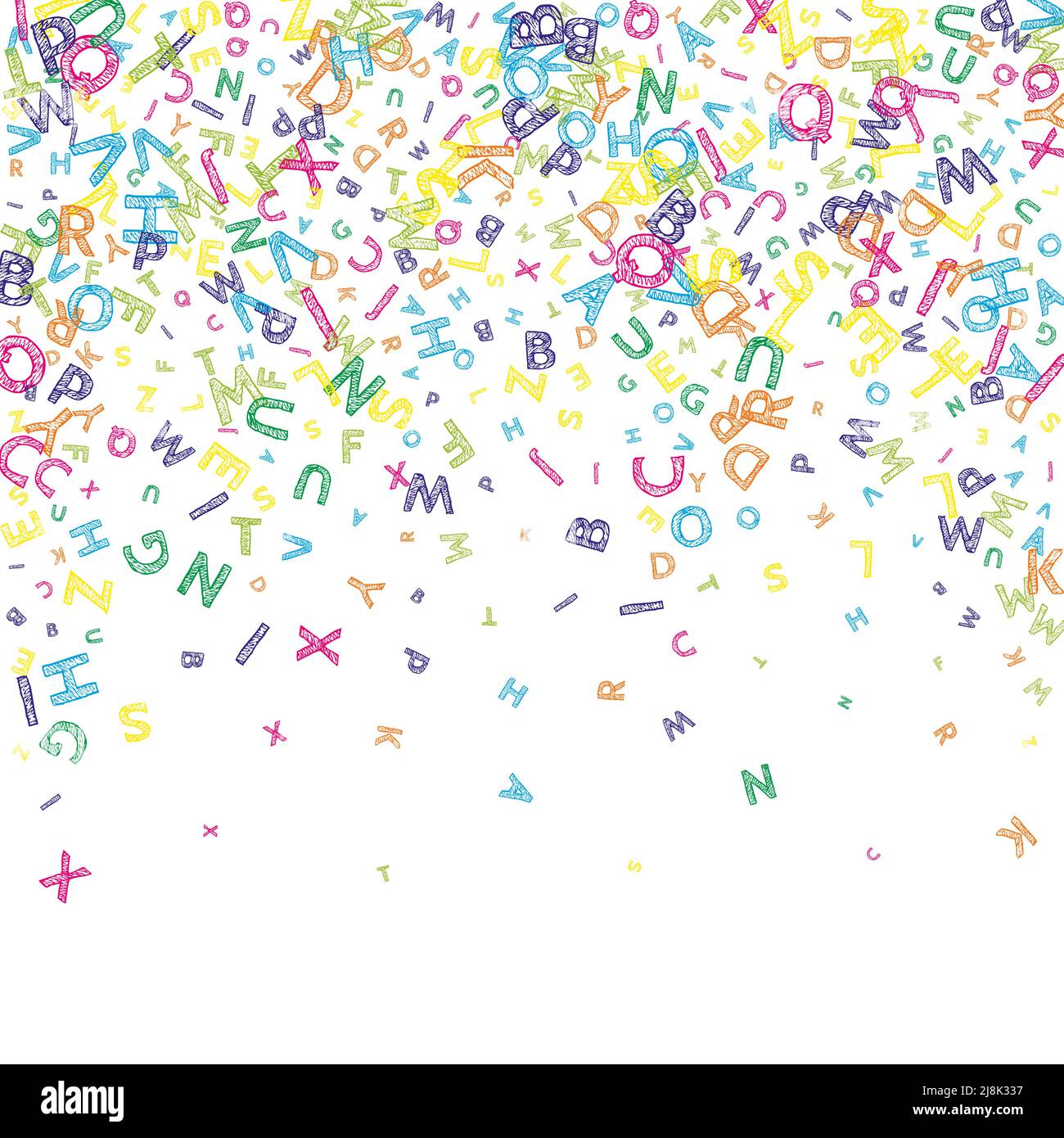 Falling letters of English language. Colorful messy sketch flying words ...