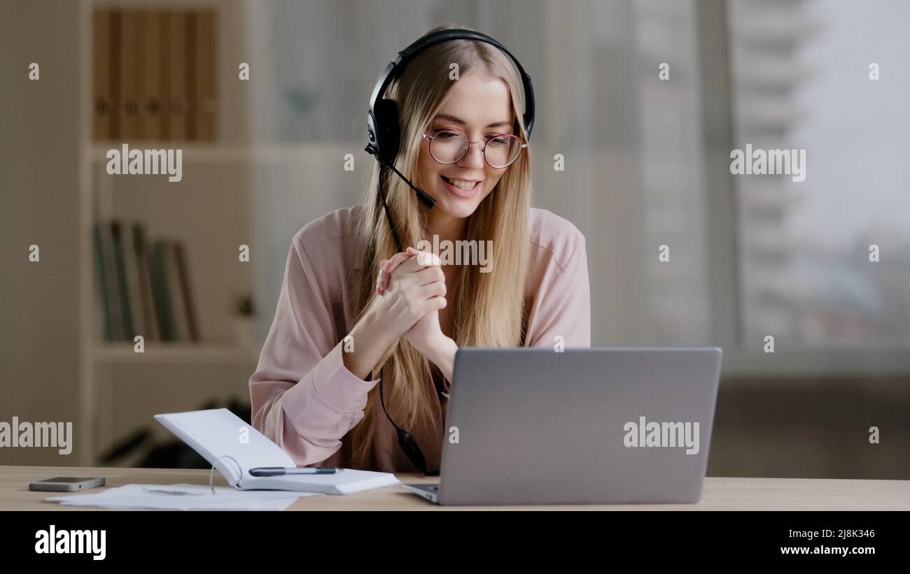 Caucasian girl business woman call center operator online support line ...