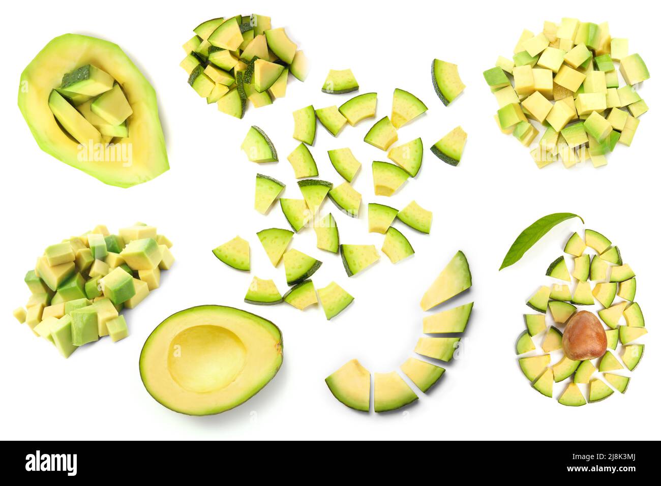 Set of fresh avocado pieces isolated on white Stock Photo - Alamy