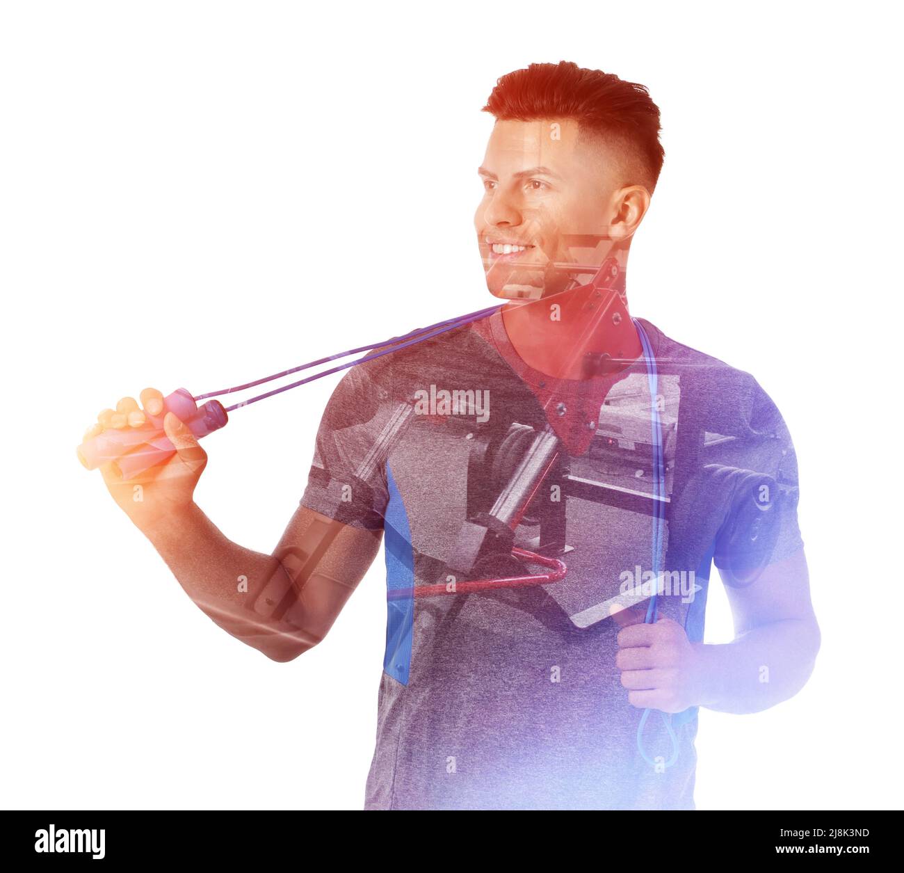 Double exposure of sporty young man with jumping rope and modern gym on ...