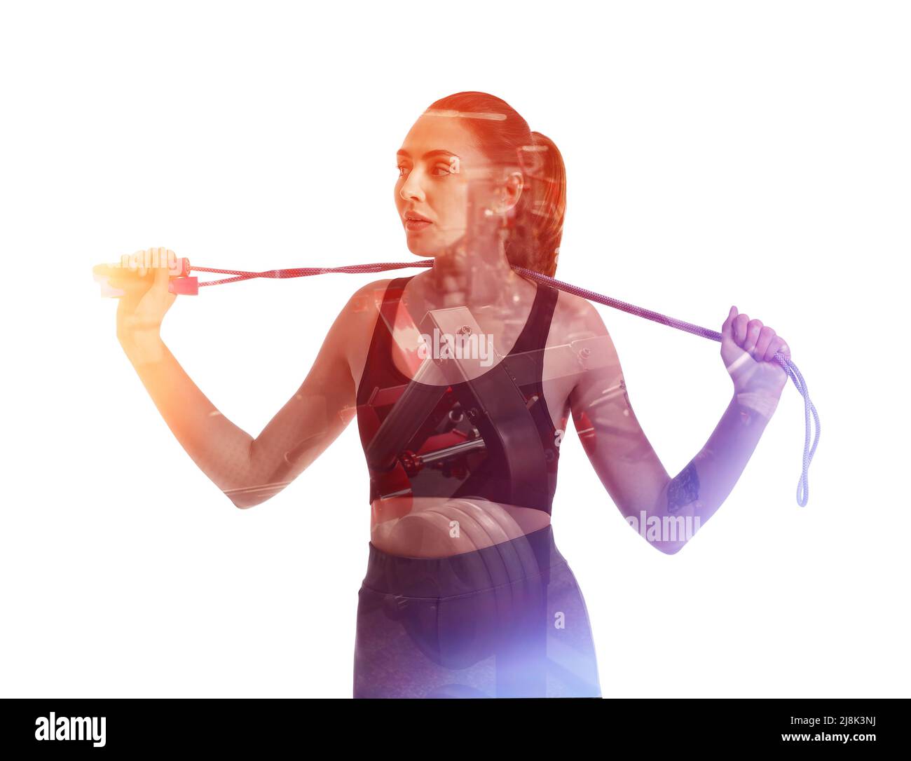 Double exposure of sporty young woman with jumping rope and modern gym ...