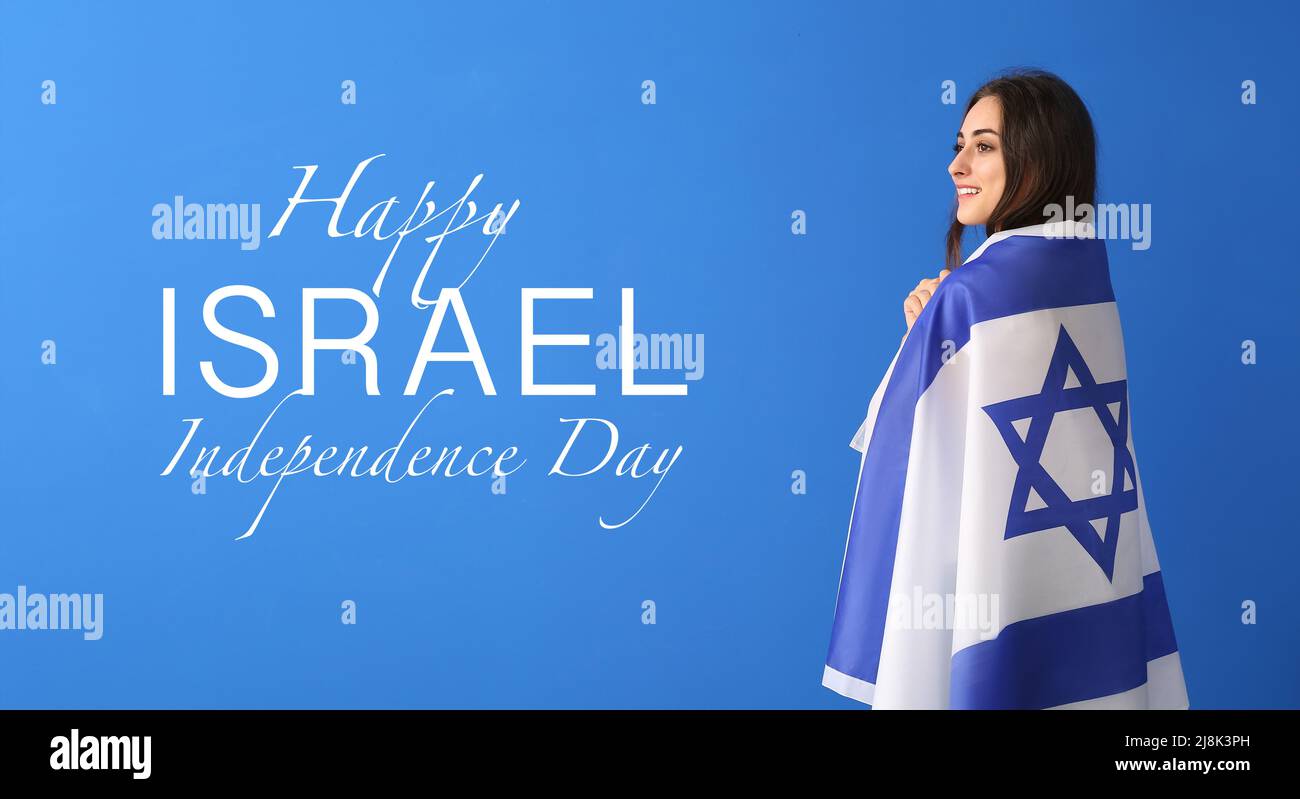 Beautiful woman with flag and text HAPPY ISRAEL INDEPENDENCE DAY on ...