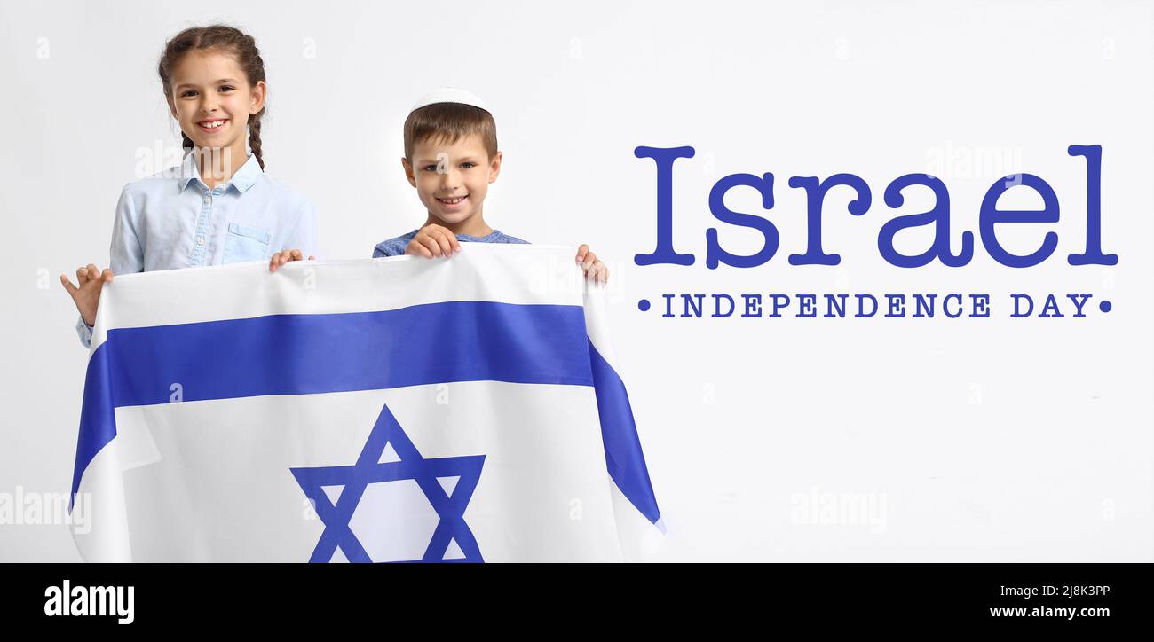 Little children with flag and text ISRAEL INDEPENDENCE DAY on white ...