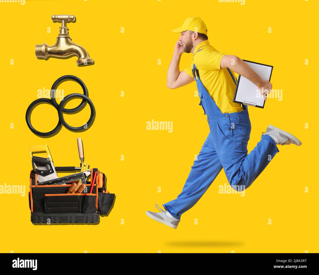 Running male plumber and different equipment on yellow background Stock ...