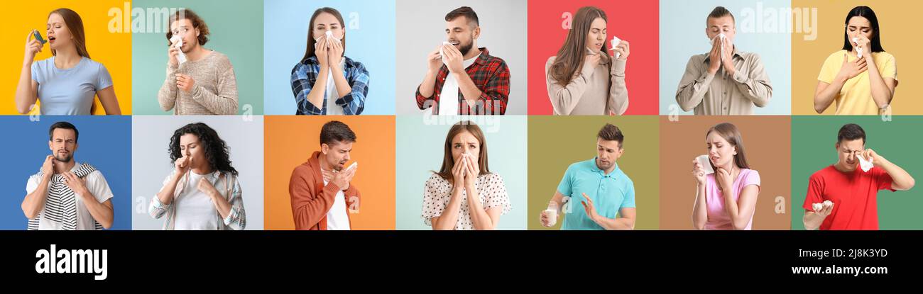 Set of different people suffering from allergic reactions on color ...