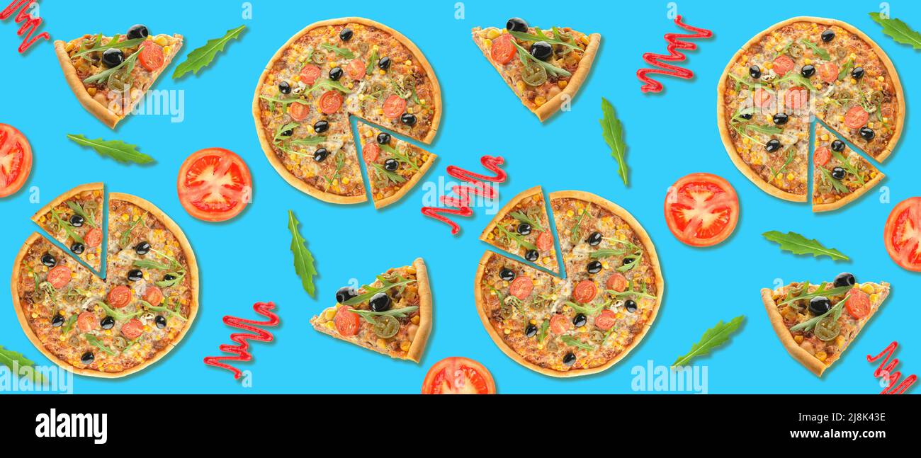 Many tasty pizzas and ingredients on blue background. Texture for ...