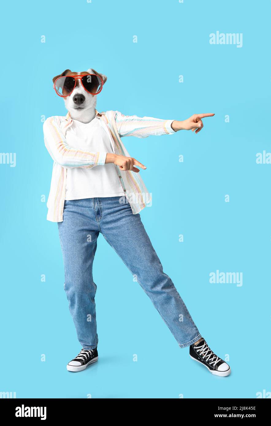 Funny Dancing Dog With Human Body Listening To Music On Light Blue Funny Dancing Dog With Human Body Listening To Music On Light Blue