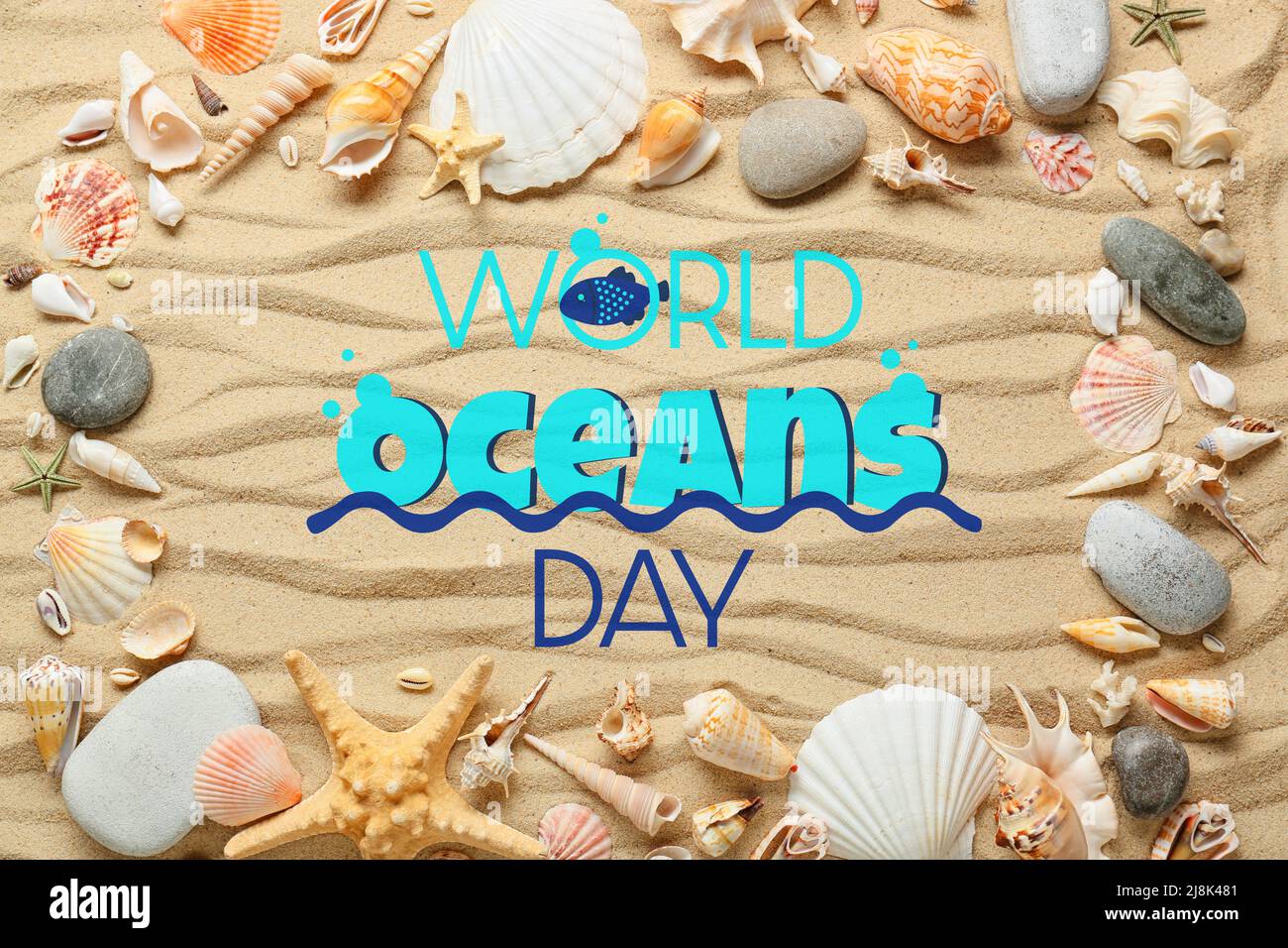 Card for World Ocean Day with different sea shells on beach sand Stock ...
