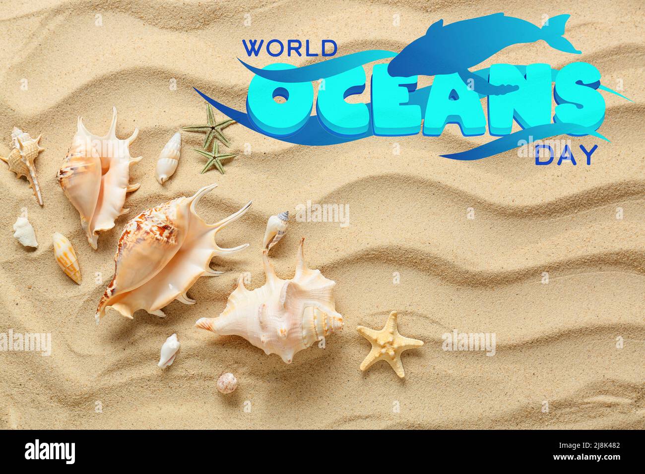 Card for World Ocean Day with different sea shells on beach sand Stock ...