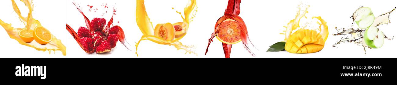 Set of ripe fruits and splashes of juices isolated on white Stock Photo ...