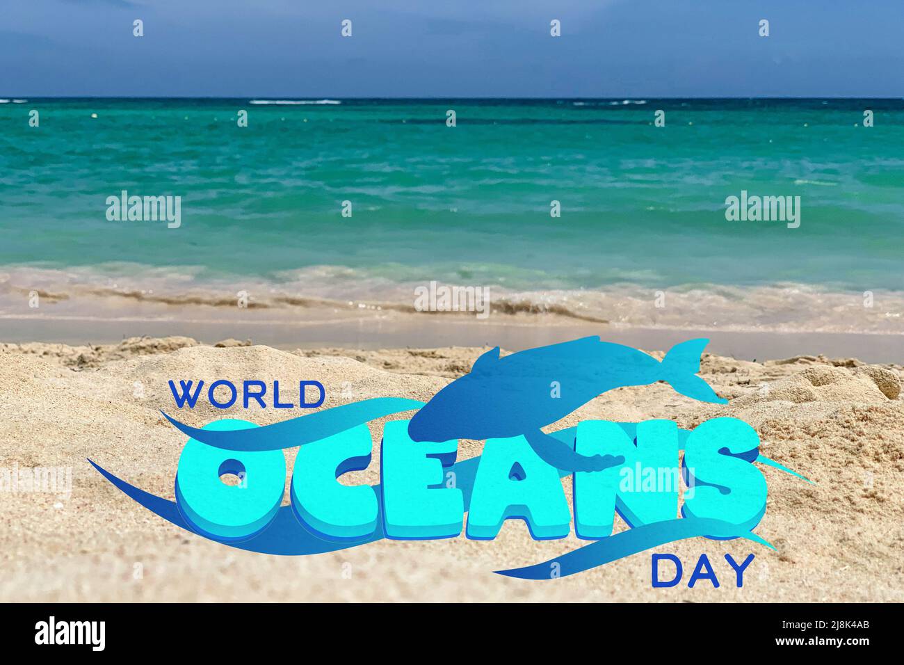 Card for World Ocean Day with sea beach Stock Photo - Alamy