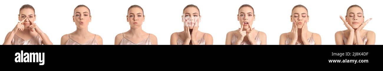 Set of young woman doing face building exercises on white background ...