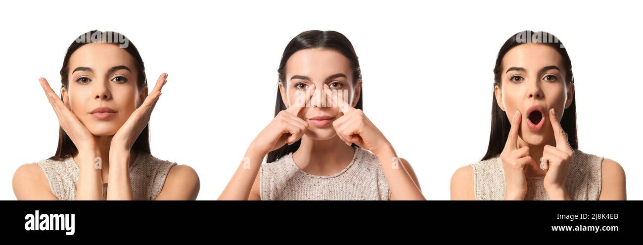 Set of young woman doing face building exercises against white ...